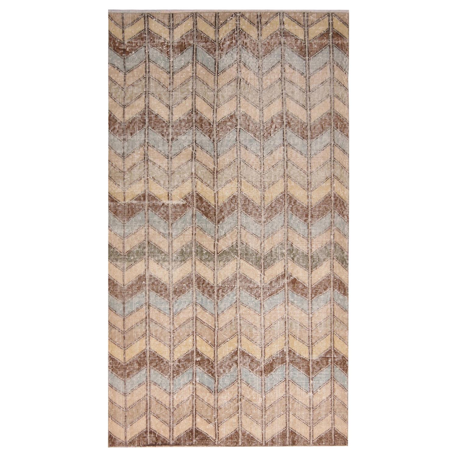 Vintage Midcentury Beige-Brown and Blue Wool Rug, Geometric Chevron ...