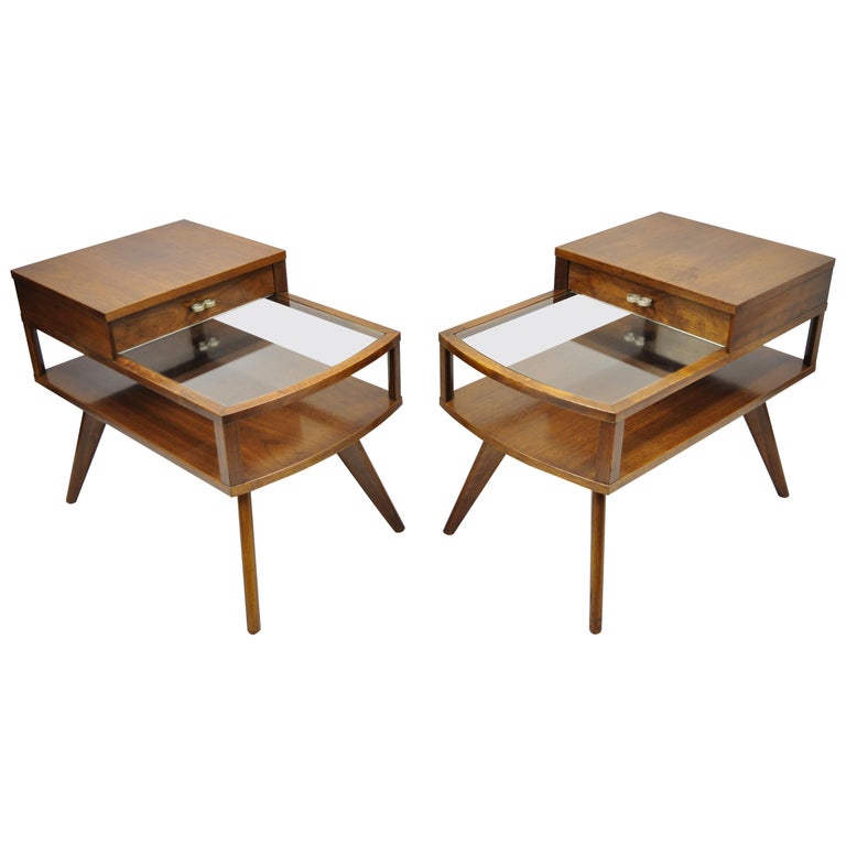 Vintage Midcentury Danish Modern Walnut and Glass Two-Tier Step End ...