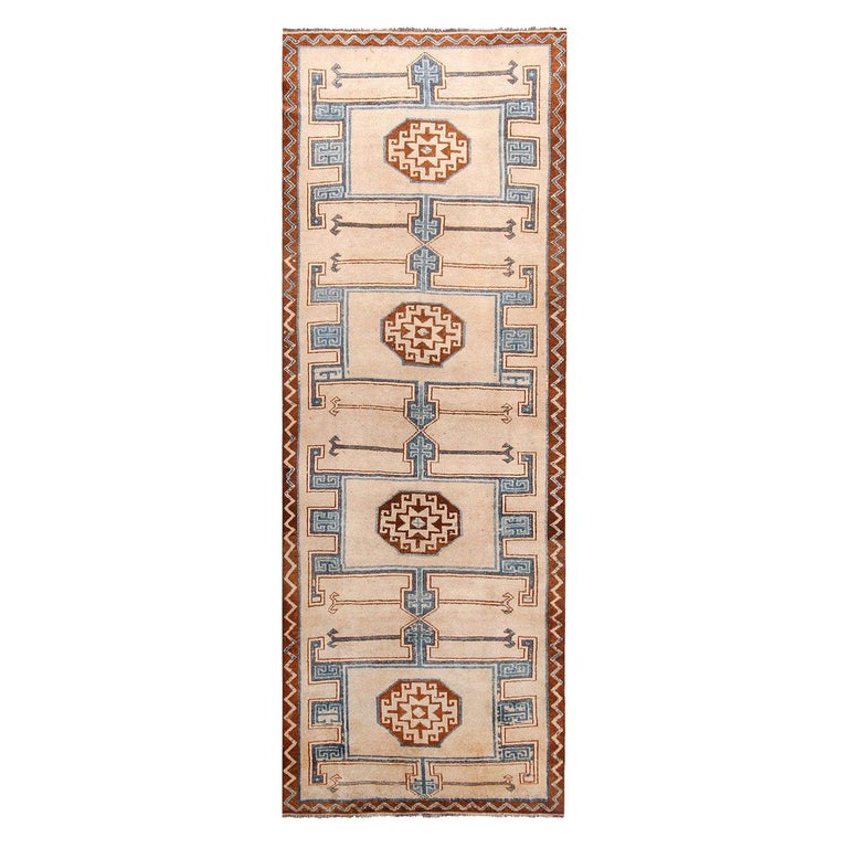 Vintage Midcentury Geometric Cream Beige and Blue Wool Runner by Rug ...