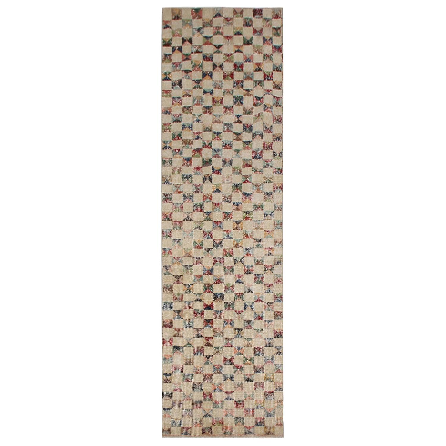 Vintage Midcentury Geometric Tan-Beige Wool Runner, Multi-Color Accents ...