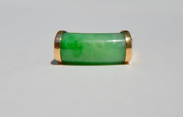 Vintage Midcentury Jade Cylinder Bar 18 Karat Gold Ring at 1stDibs