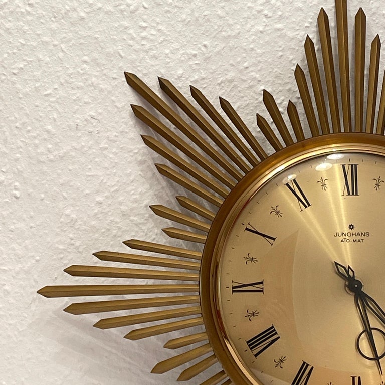 Vintage Mid-Century Junghans Sunburst Starburst Brass Wall Clock Ato ...