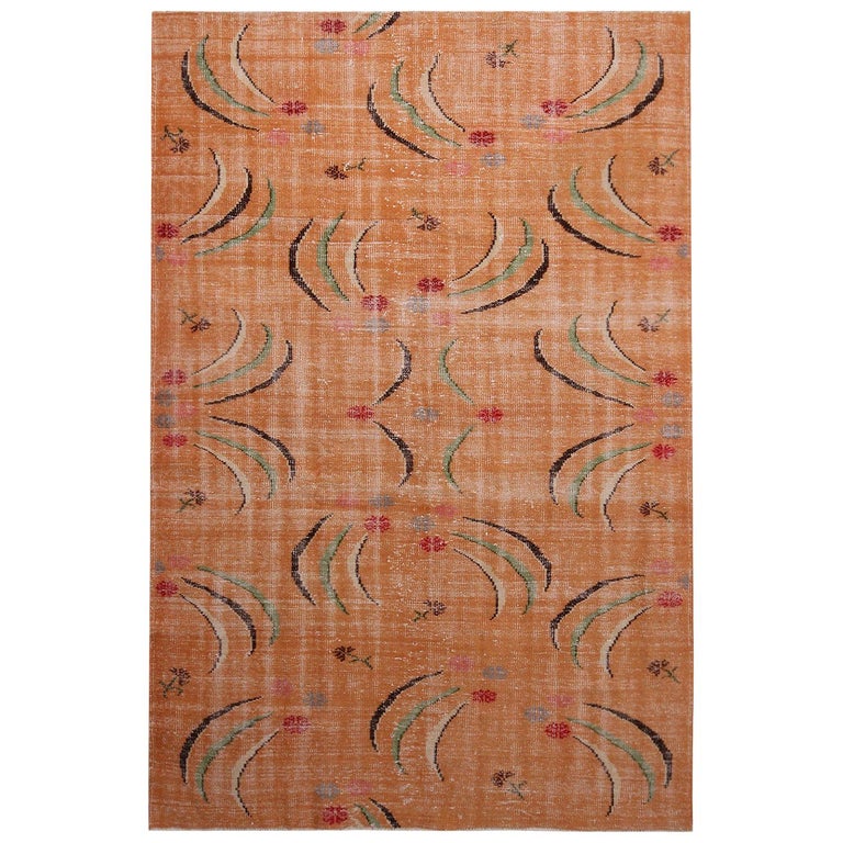 Vintage Midcentury Peach Pink and Green Geometric Wool Rug For Sale at ...