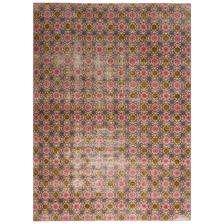 Vintage Midcentury Pink and Golden-Yellow Geometric-Floral Wool Rug For ...