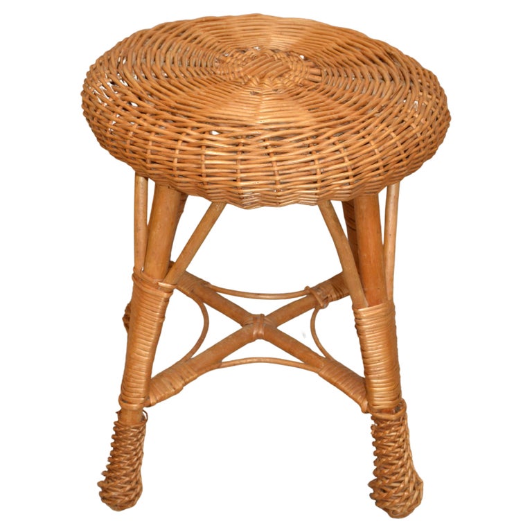 Vintage Midcentury Round Handwoven Rattan Cane Drum, Side, Drink Table ...