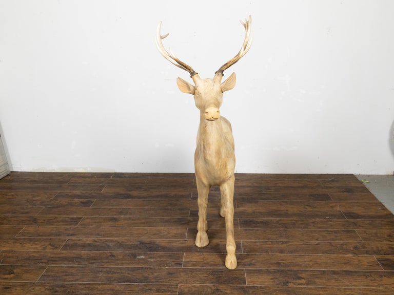 Vintage Midcentury Sculpture of a Walking Stag with Antlers and Natural ...