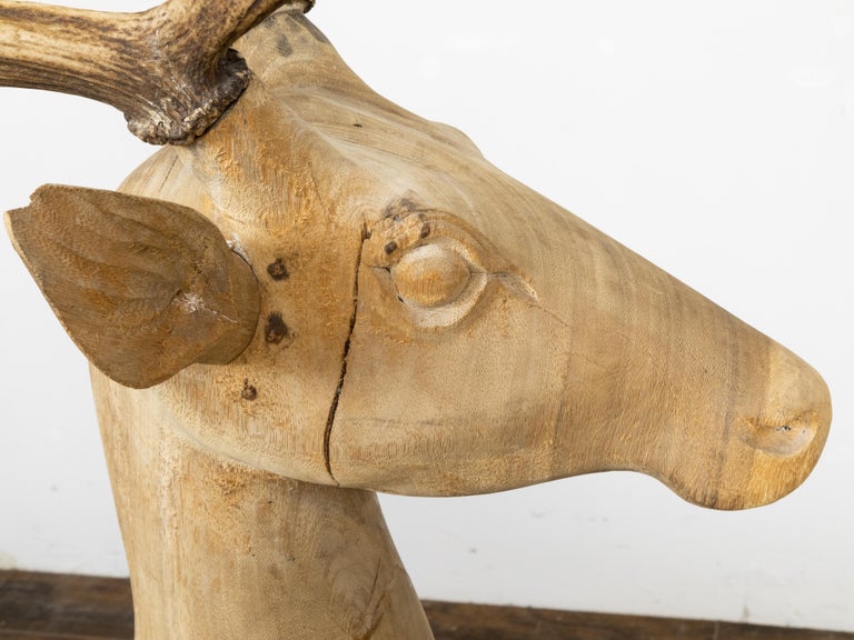 Vintage Midcentury Sculpture of a Walking Stag with Antlers and Natural ...