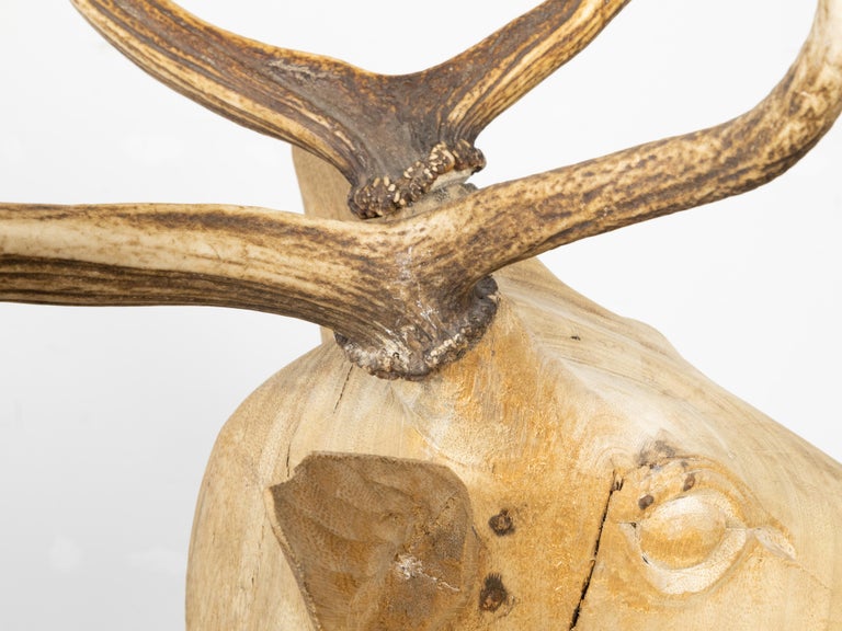 Vintage Midcentury Sculpture of a Walking Stag with Antlers and Natural ...