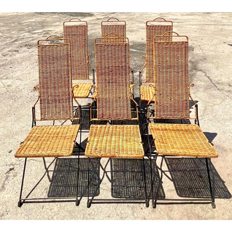Vintage Midcentury Woven Rattan Folding Dining Chairs - Set of 6 at 1stDibs