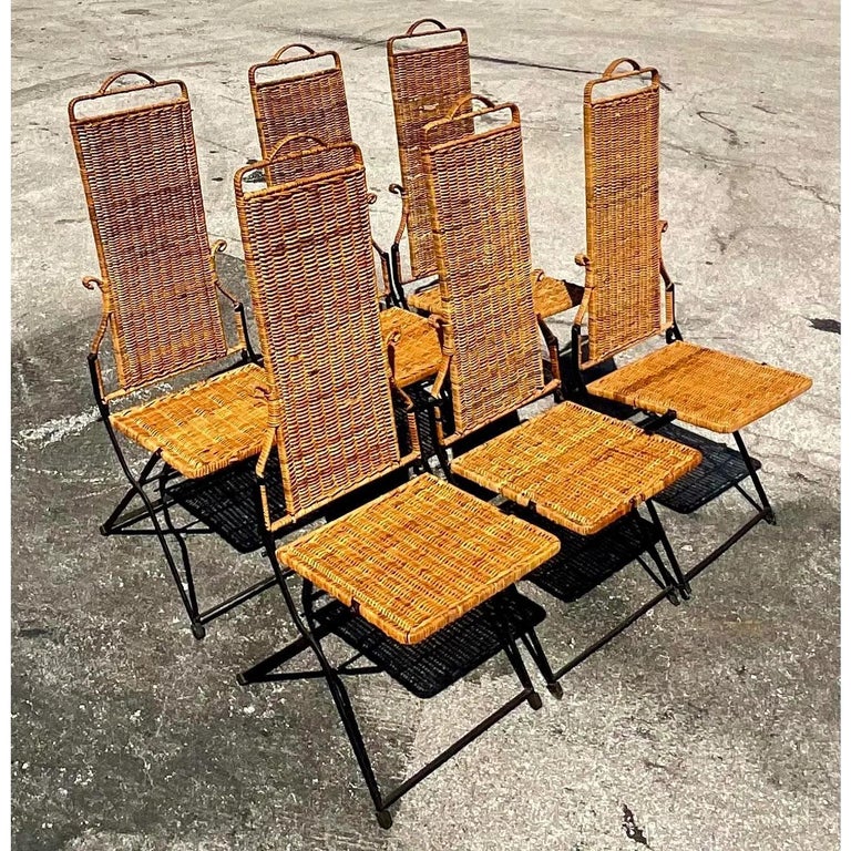 Vintage Midcentury Woven Rattan Folding Dining Chairs - Set of 6 at 1stDibs