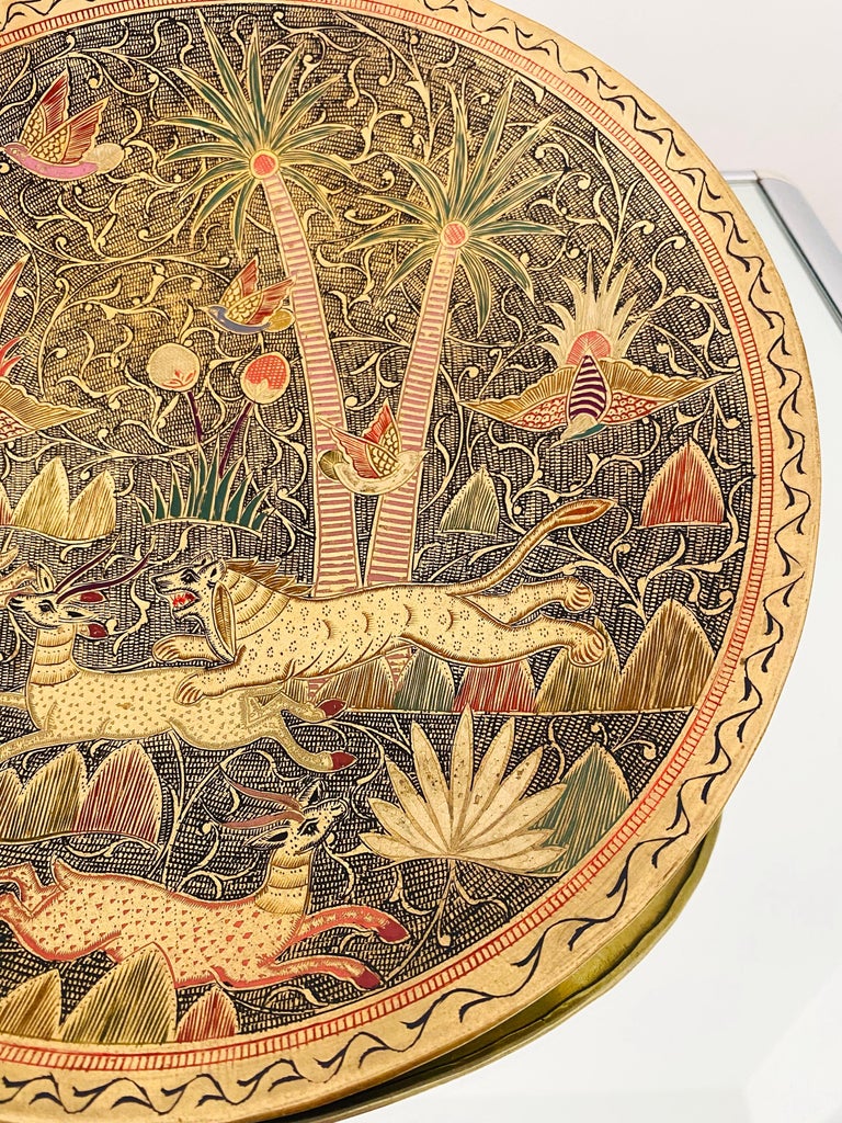 Middle Eastern Etched Brass Plate with Exotic Animals and Plants For ...