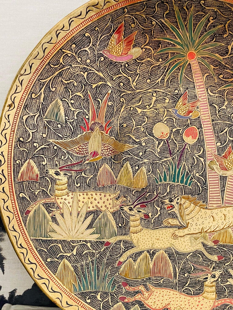 Middle Eastern Etched Brass Plate with Exotic Animals and Plants For ...