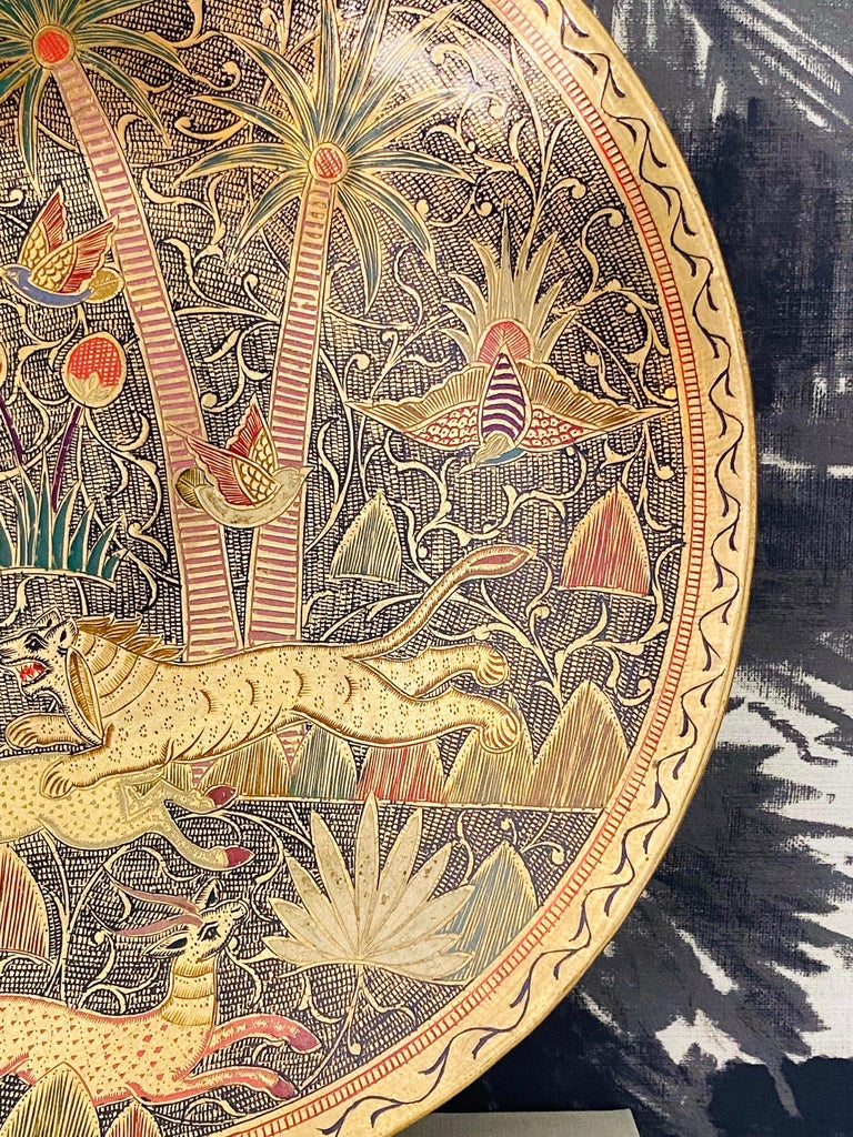 Middle Eastern Etched Brass Plate with Exotic Animals and Plants For ...