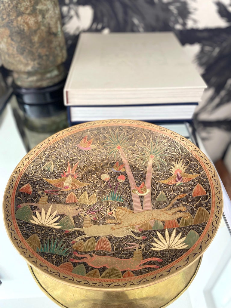 Middle Eastern Etched Brass Plate with Exotic Animals and Plants For ...