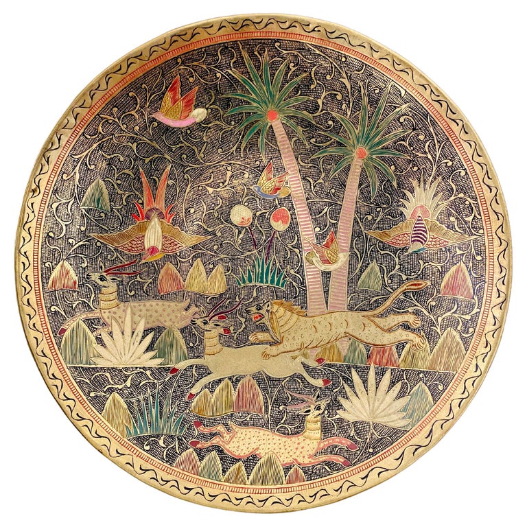 Middle Eastern Etched Brass Plate with Exotic Animals and Plants For ...