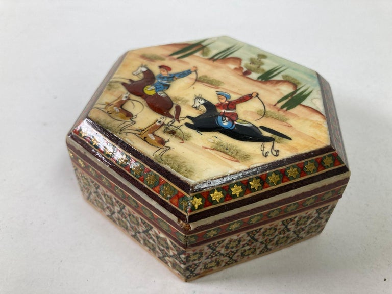 Vintage Middle Eastern Persian Khatam Trinket Box with Miniature Art ...