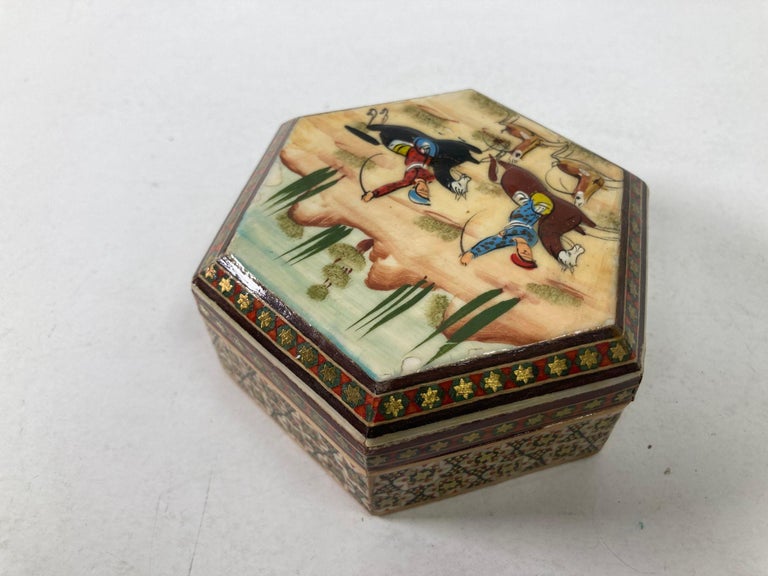 Vintage Middle Eastern Persian Khatam Trinket Box with Miniature Art ...