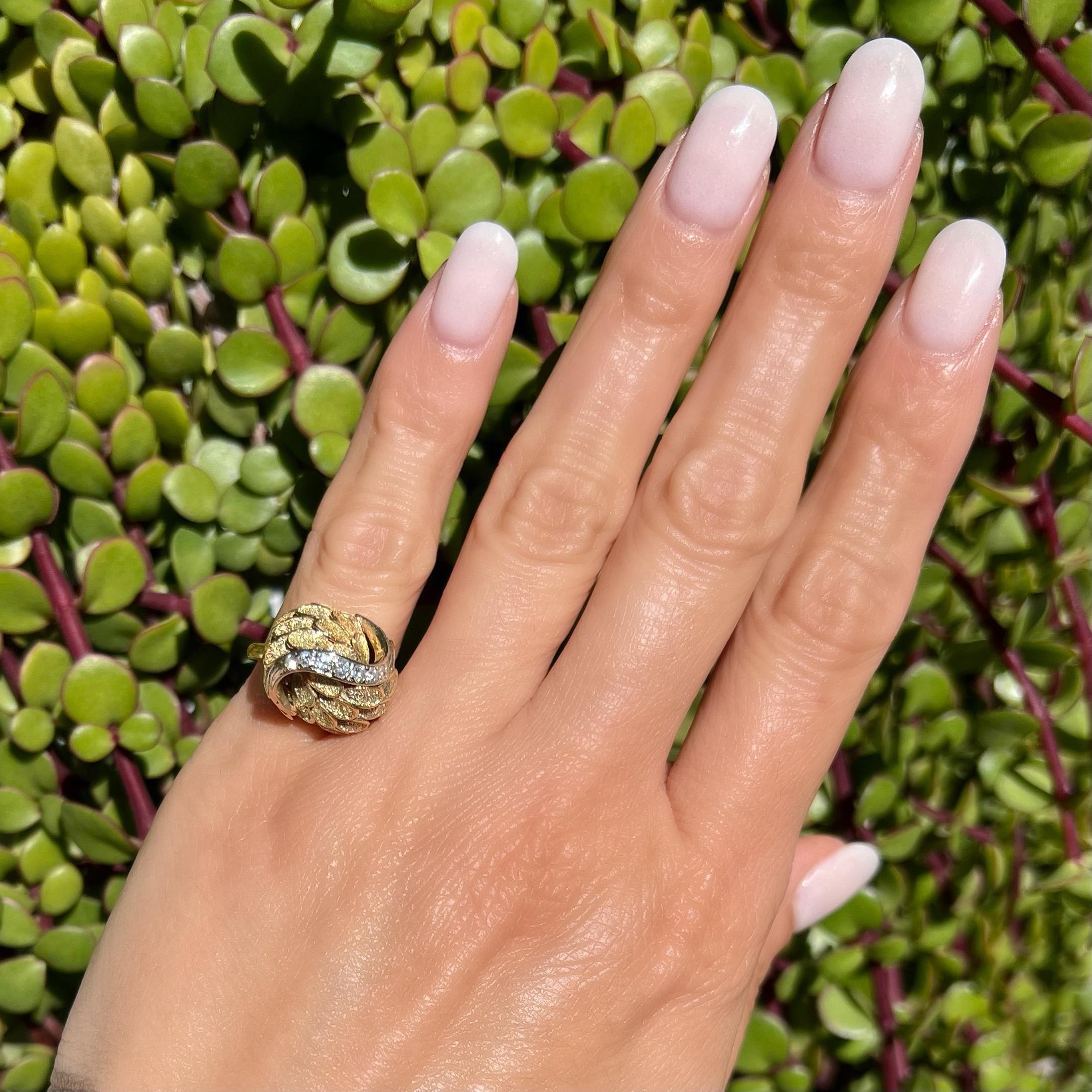 Vintage Mikimoto Diamond Feather Vintage Gold Ring For Sale at 1stDibs