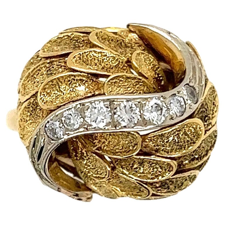 Vintage Mikimoto Diamond Feather Vintage Gold Ring For Sale at 1stDibs