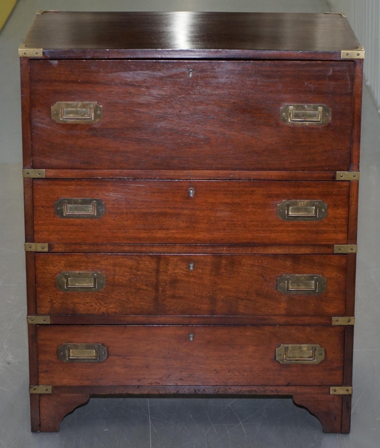 Vintage Military Campaign Chest of Drawers, Built in Secrataire Drop ...