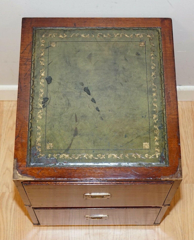Vintage Military Campaign Hardwood Bedside End Table with Green Leather ...