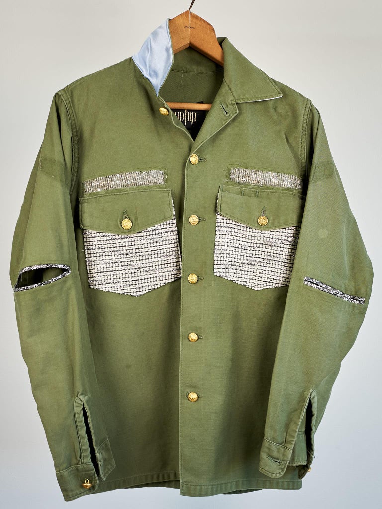 Military Jacket Green Repurposed Silk Sequin Tweed Sustainable Luxury ...