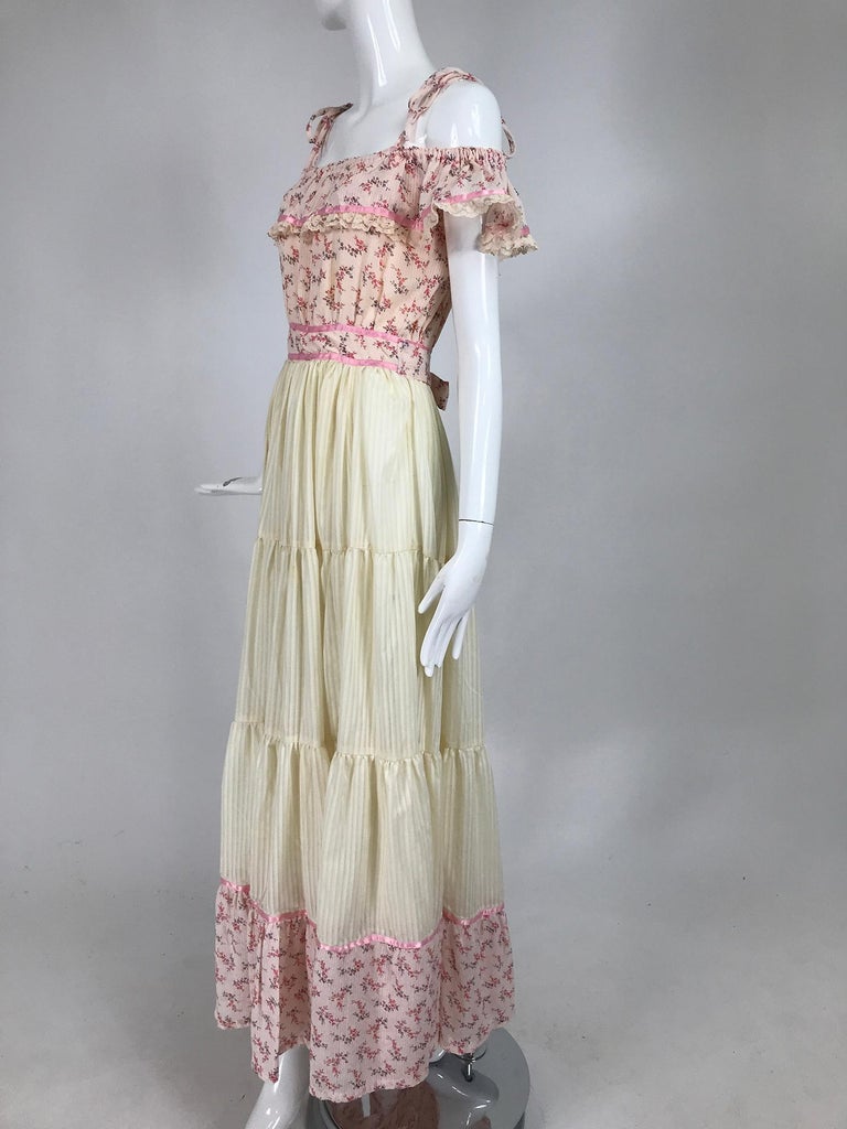 Vintage Mini Floral Tiered Ruffle Maxi Dress 1970s For Sale at 1stDibs