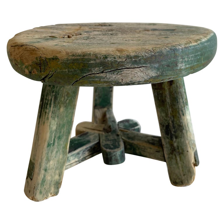 Vintage Mini Round Elm Wood Stool at 1stDibs