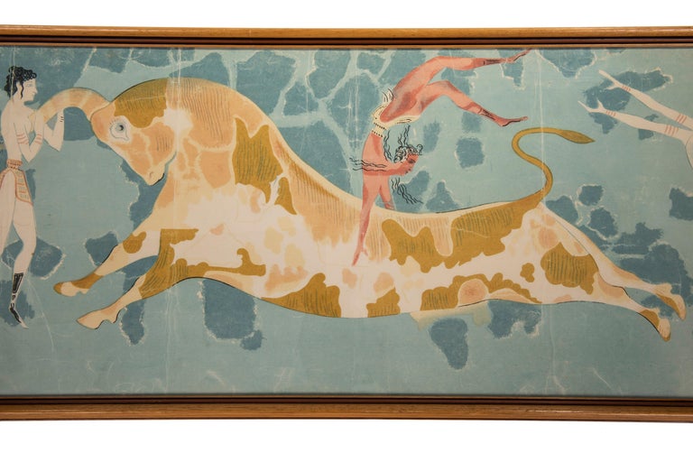 Vintage Minoan "Bull Leaping" Illustrated Print in Original Wood Frame ...