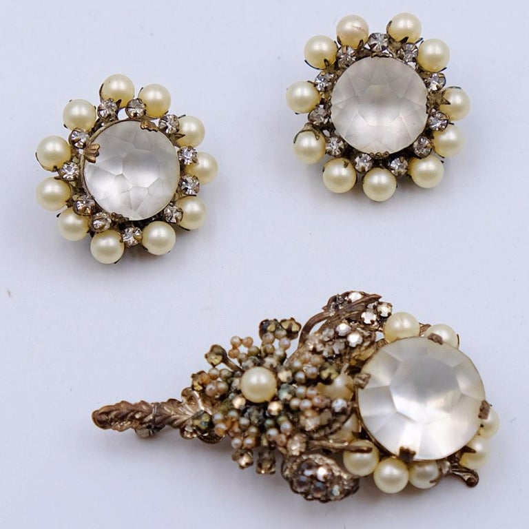Vintage Miriam Haskell Faux Pearl and Moonstones Brooch and Earrings ...