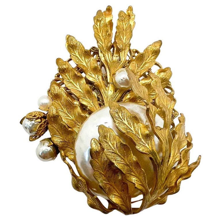 Vintage Miriam Haskell Pearl Layered Leaf Brooch 1940s For Sale at 1stDibs