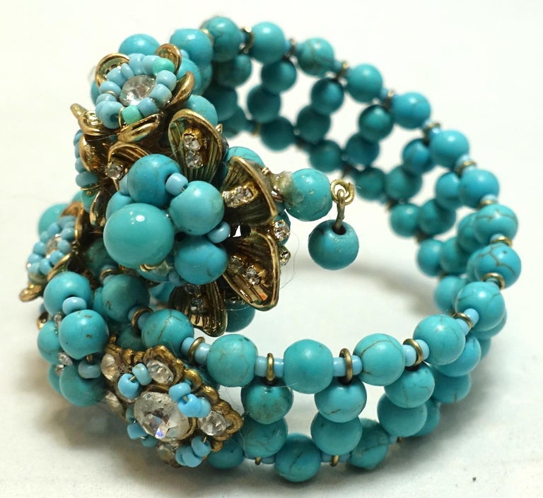 Vintage Miriam Haskell Turquoise Color Glass Beads and Crystal Wrap ...