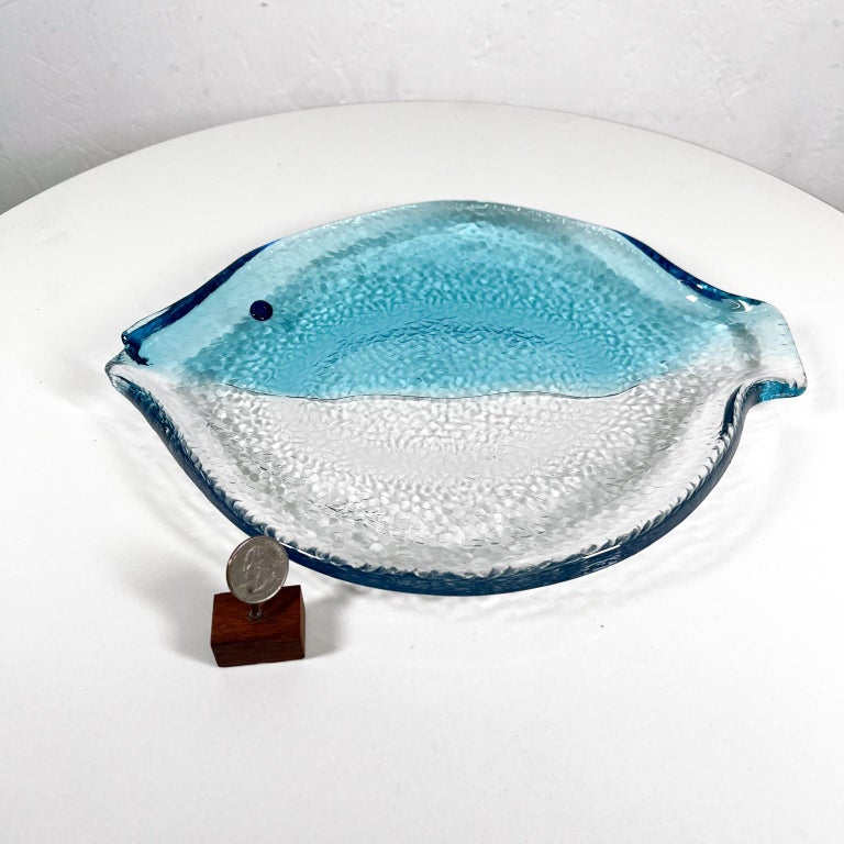 Vintage Modern Fish Plate Textured Blue Art Glass Serving Dish For Sale ...