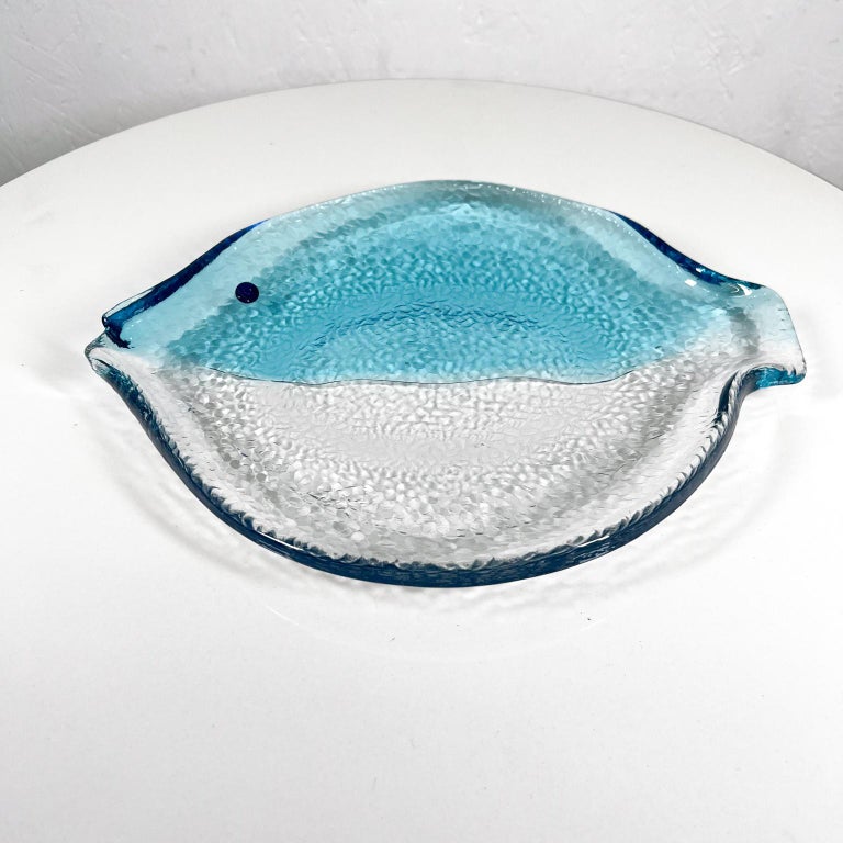 Vintage Modern Fish Plate Textured Blue Art Glass Serving Dish For Sale ...
