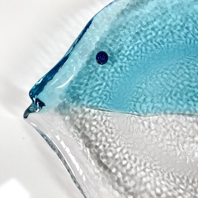 Vintage Modern Fish Plate Textured Blue Art Glass Serving Dish For Sale ...