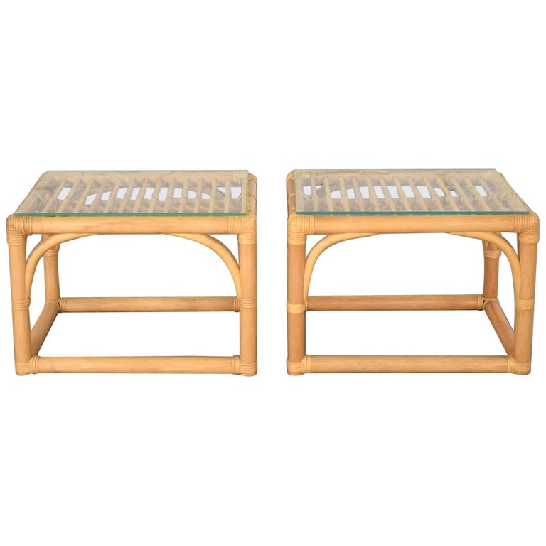 Vintage Modern Pair of Rattan Rectangular Side Tables or End Tables w ...