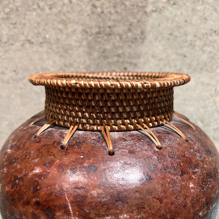 Vintage Modern Pottery Pair Set of Vases Upper Decorative Woven Cane ...