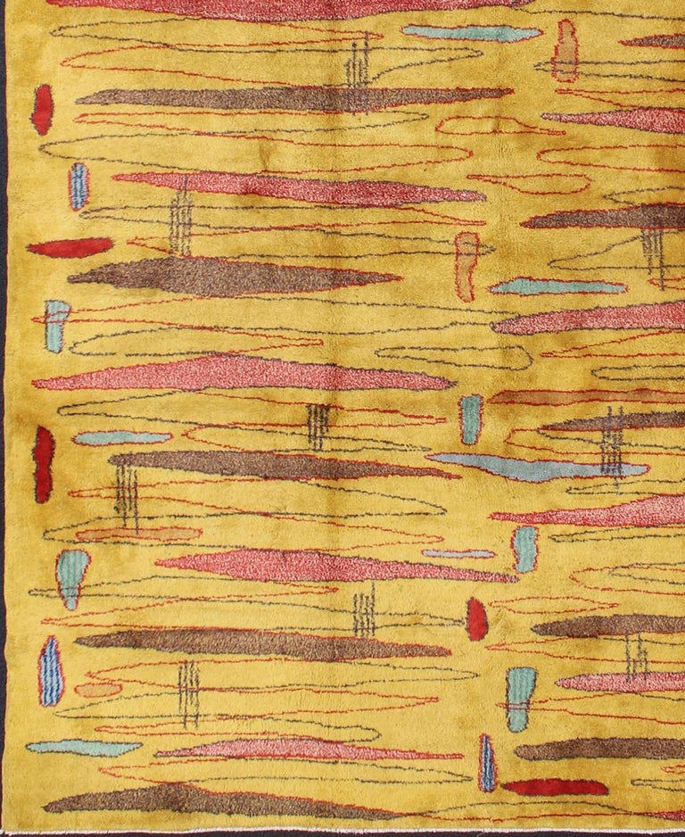 Vintage Modern Rug with Yellow Background and Multicolored Etched ...