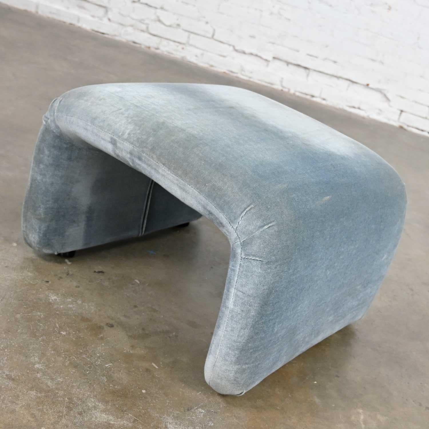 Vintage Modern U-Shaped Ottoman with Blue Velvet-Like Brushed Chenille ...