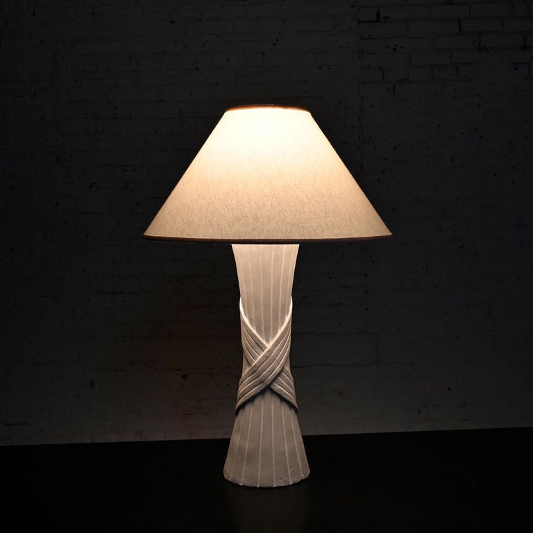 Vintage Modern White Plaster Faux Rattan Design Table Lamp with Coolie ...
