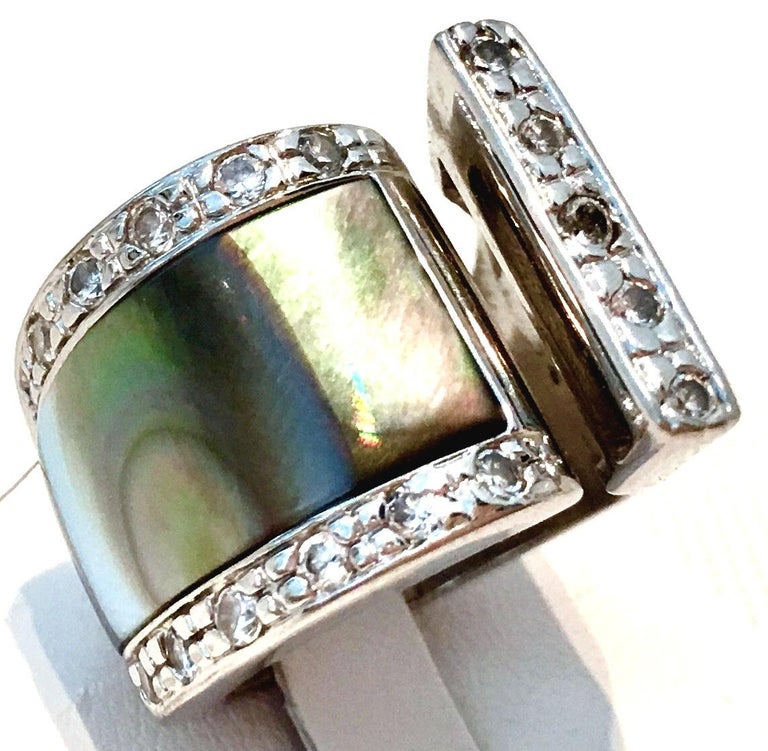 Vintage Modernist Sterling Silver, Crystal and Abalone Shell Ring at ...