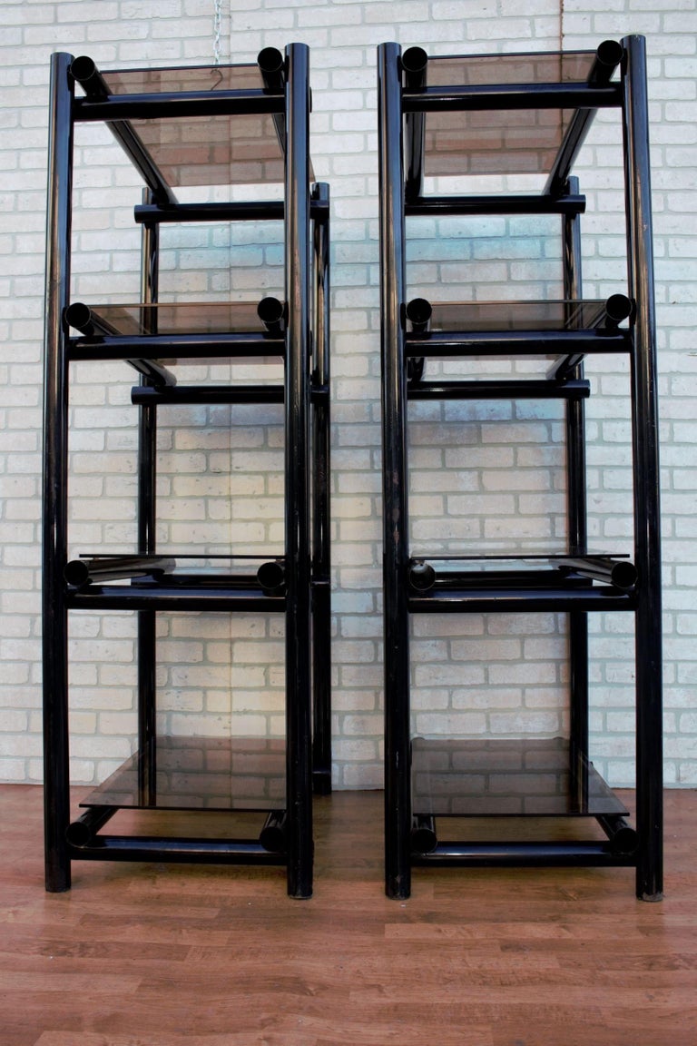 Vintage Modernist Tubular Black Metal Shelving Etagere with Tinted ...