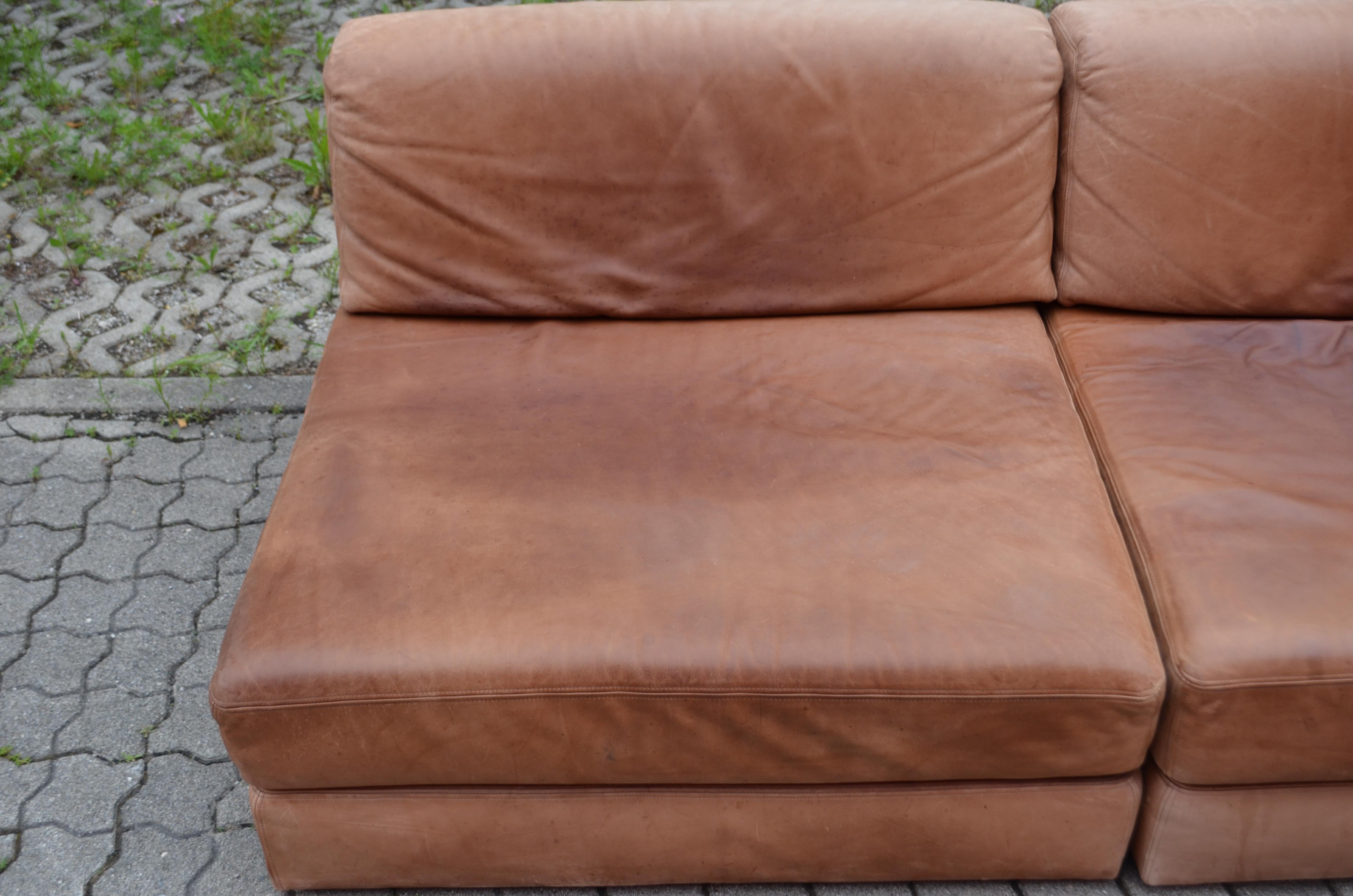 Vintage Modular Cognac Brown 1970s Leather Sofa Daybed For Sale at 1stDibs