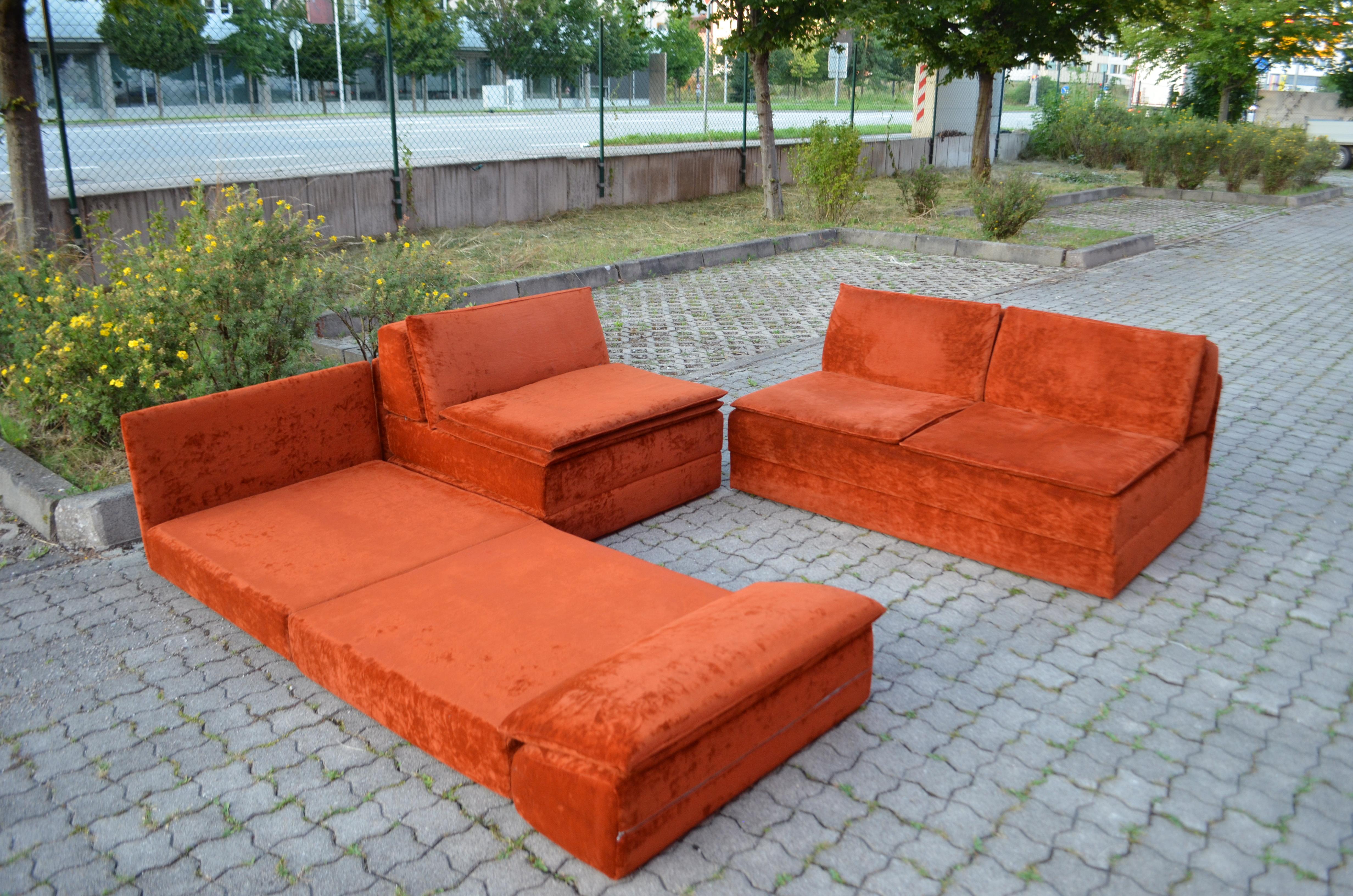 Vintage Modular oxred coral red 1970s Sofa Daybed For Sale at 1stDibs