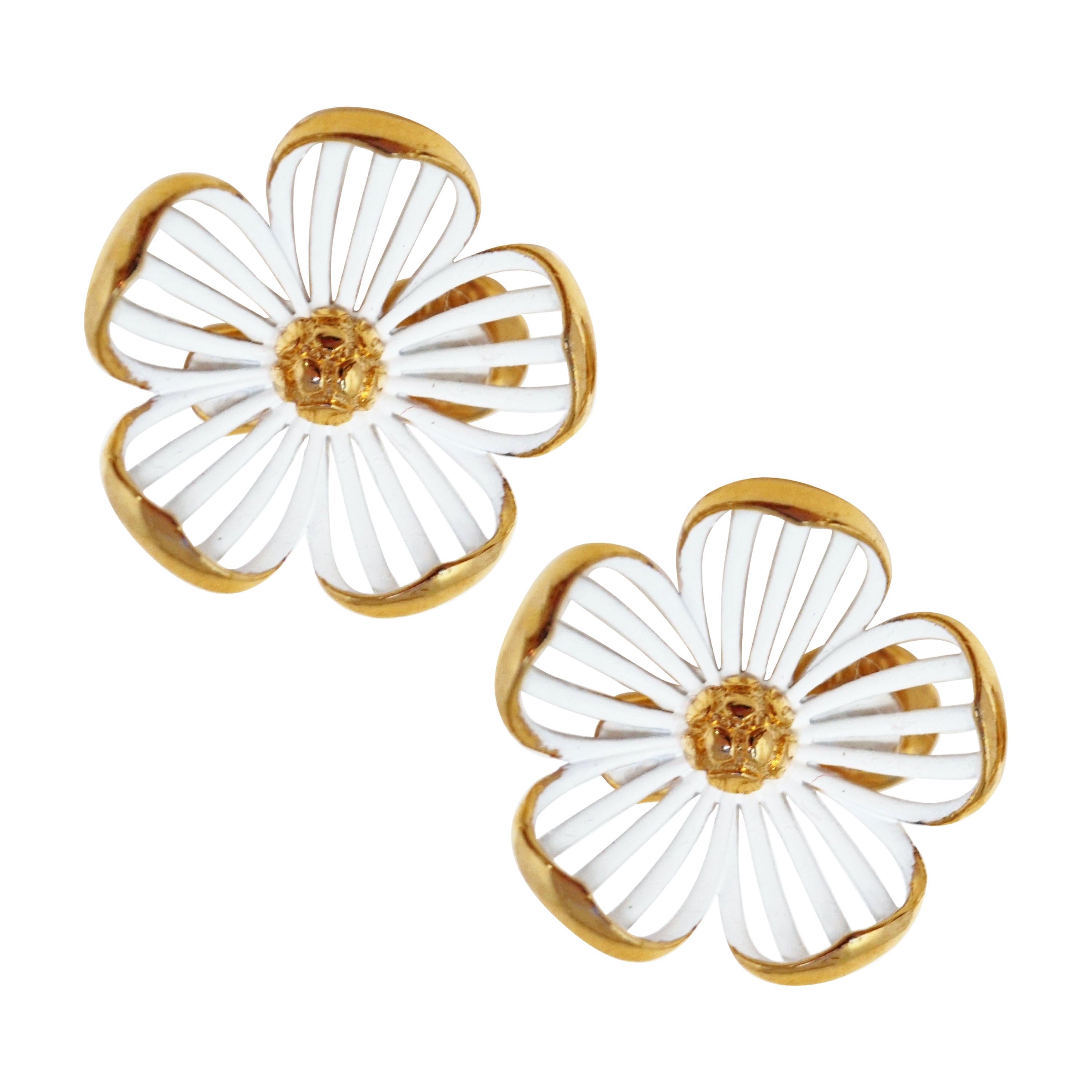 Vintage Monet Gilt and White Enamel Floral Statement Earrings, Signed ...