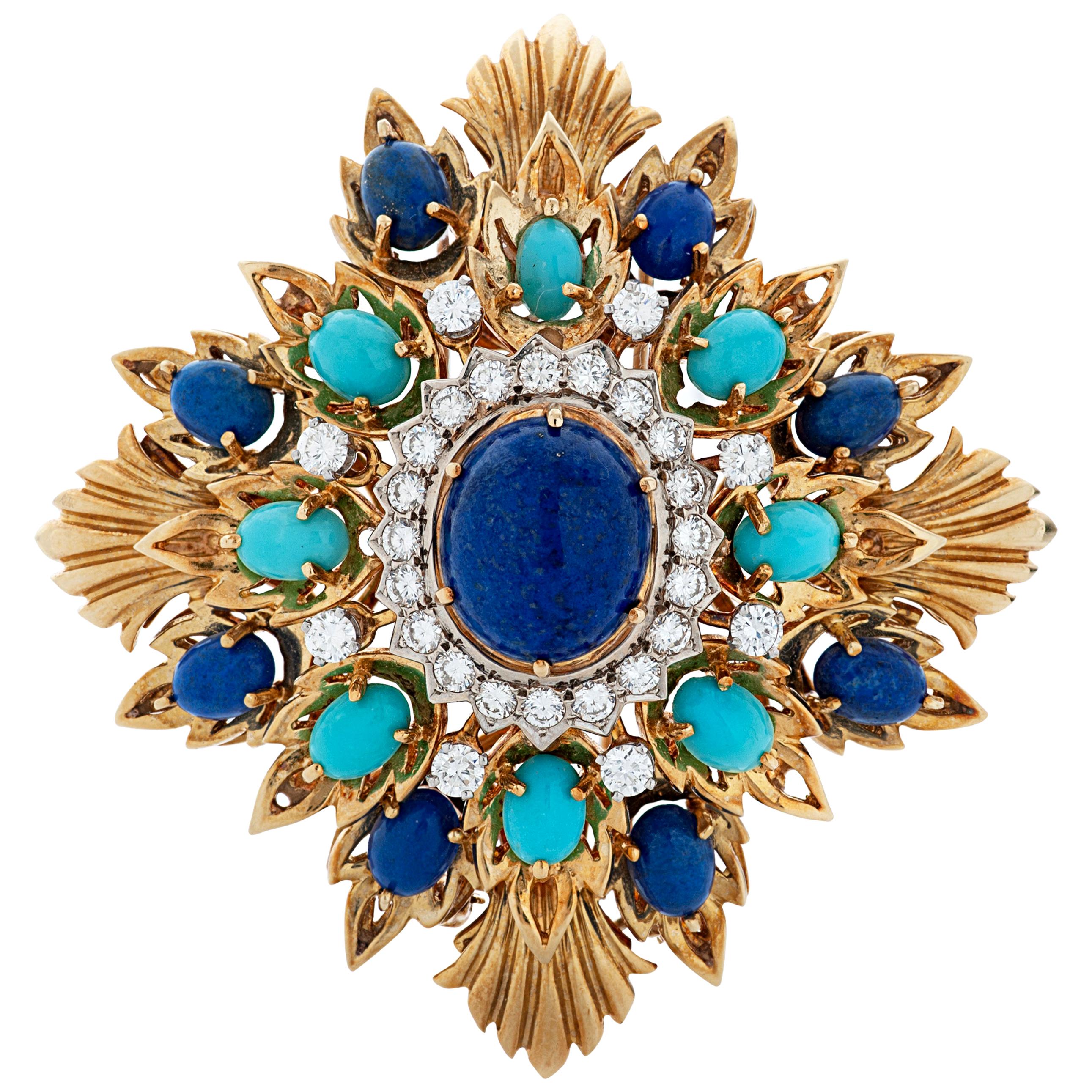 1970s 18k Yellow Gold and Lapis Lazuli Pendant Brooch For Sale at 1stDibs
