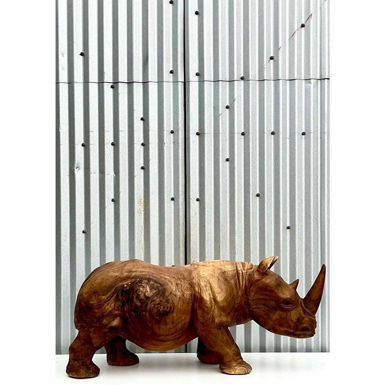 Vintage Monumental Boho Carved Wooden Rhino at 1stDibs