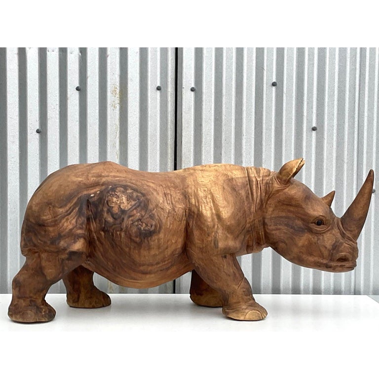 Vintage Monumental Boho Carved Wooden Rhino at 1stDibs