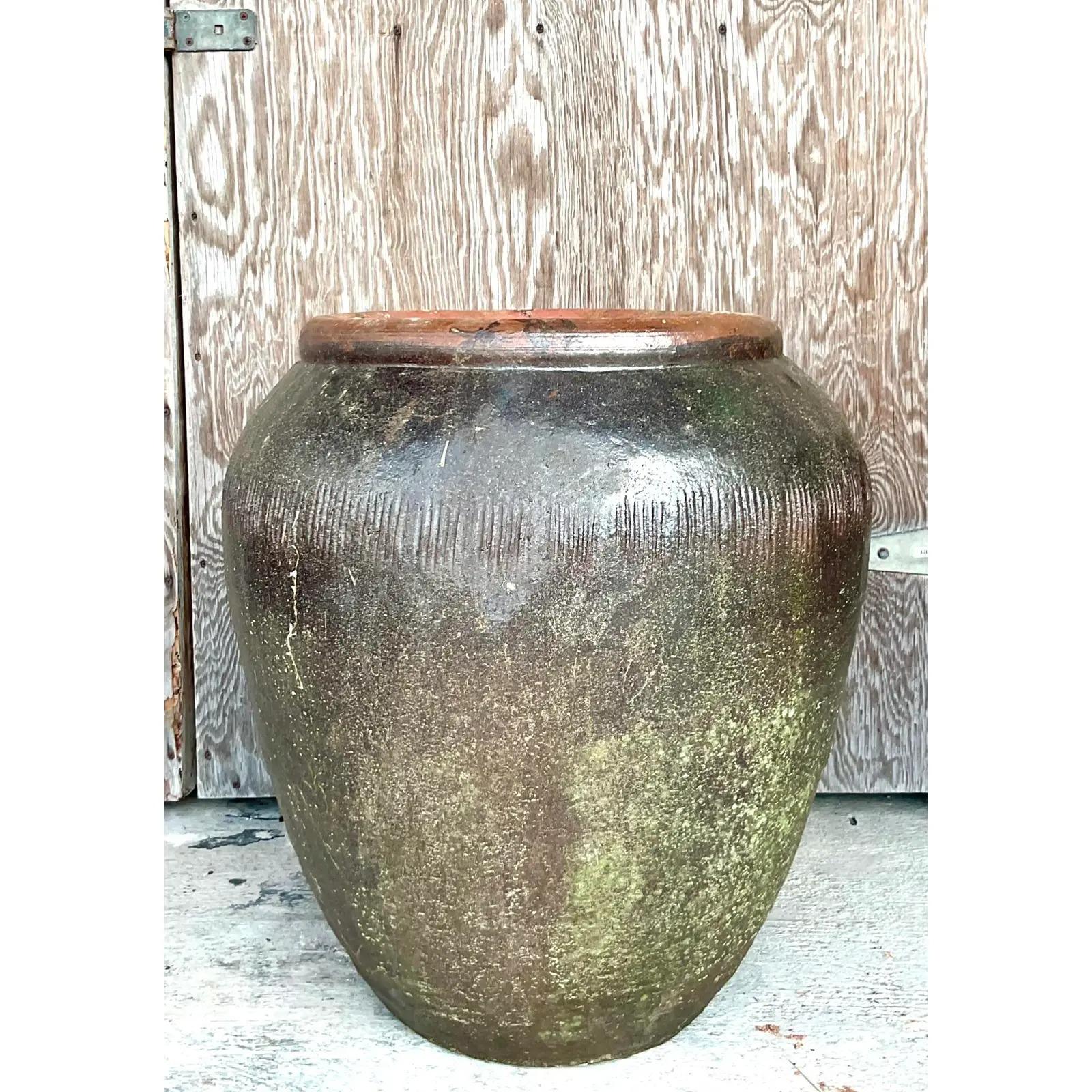 Vintage Monumental Boho Glazed Terracotta Pot For Sale at 1stDibs