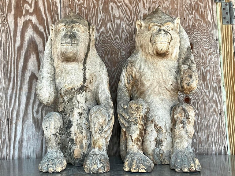 Vintage Monumental Boho Hand Carved Wooden Monkeys, a Pair For Sale at ...